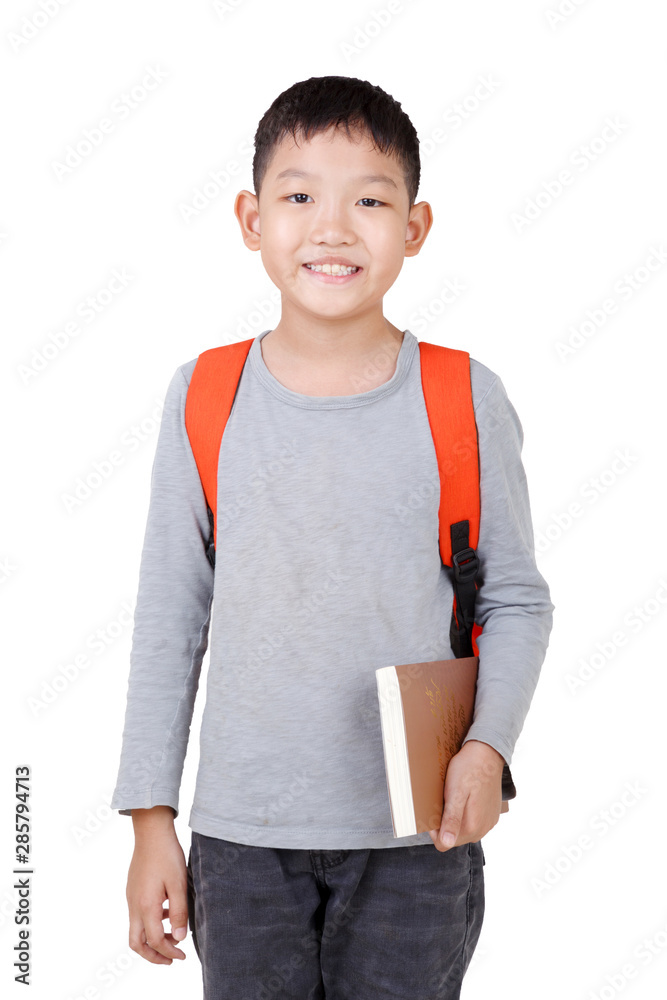 Asian Boy School kid holding book with backpack Full Body isolated on ...