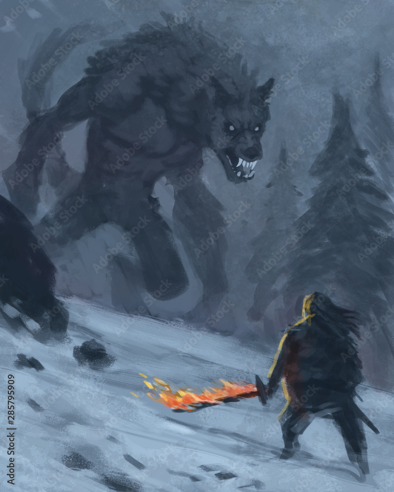 illustration of a warrior with a magic flaming sword facing off with a ...