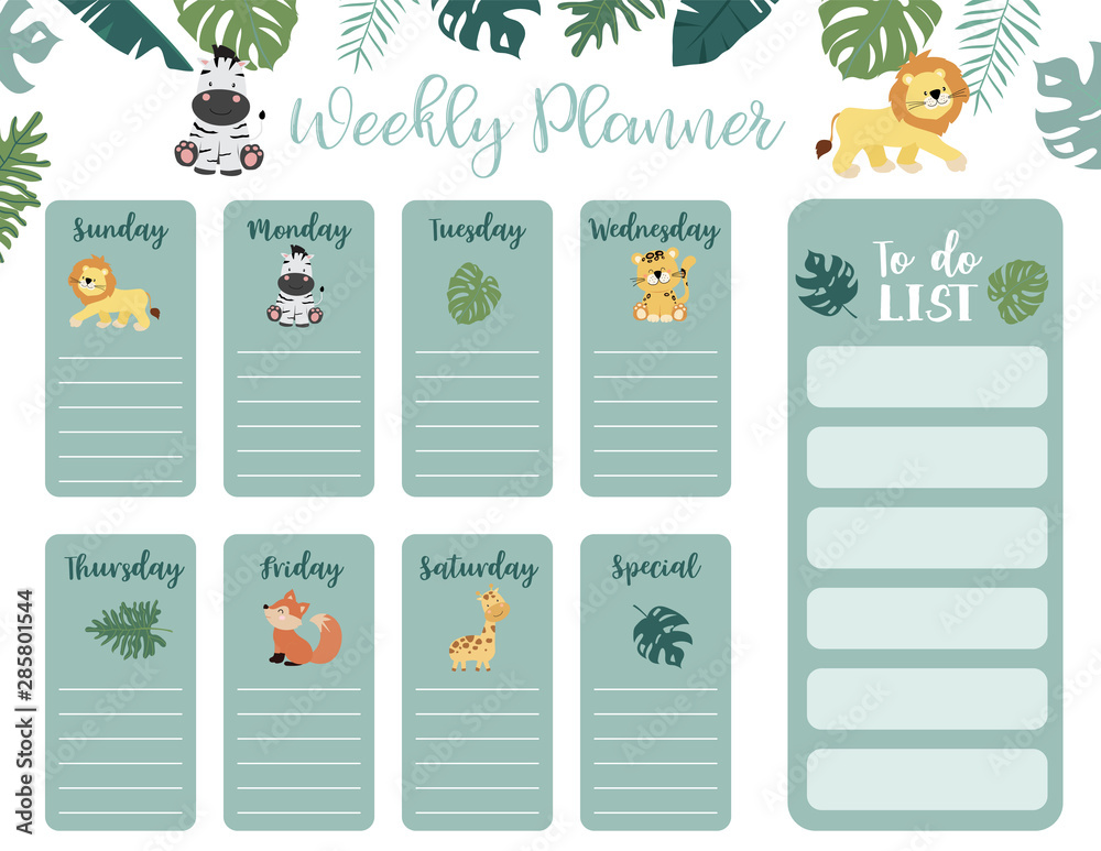 cute animal weekly planner background with giraffe,zebra,lion.Vector ...