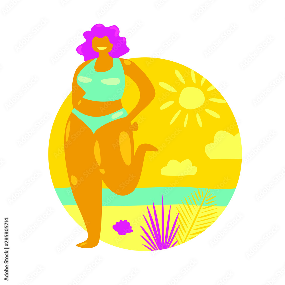 Cartoon woman on the beach in a swimsuit. Love your body. body positive ...