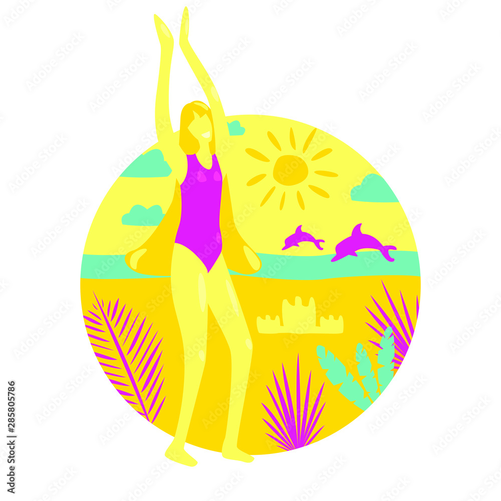 Cartoon woman on the beach in a swimsuit. Love your body. body positive ...