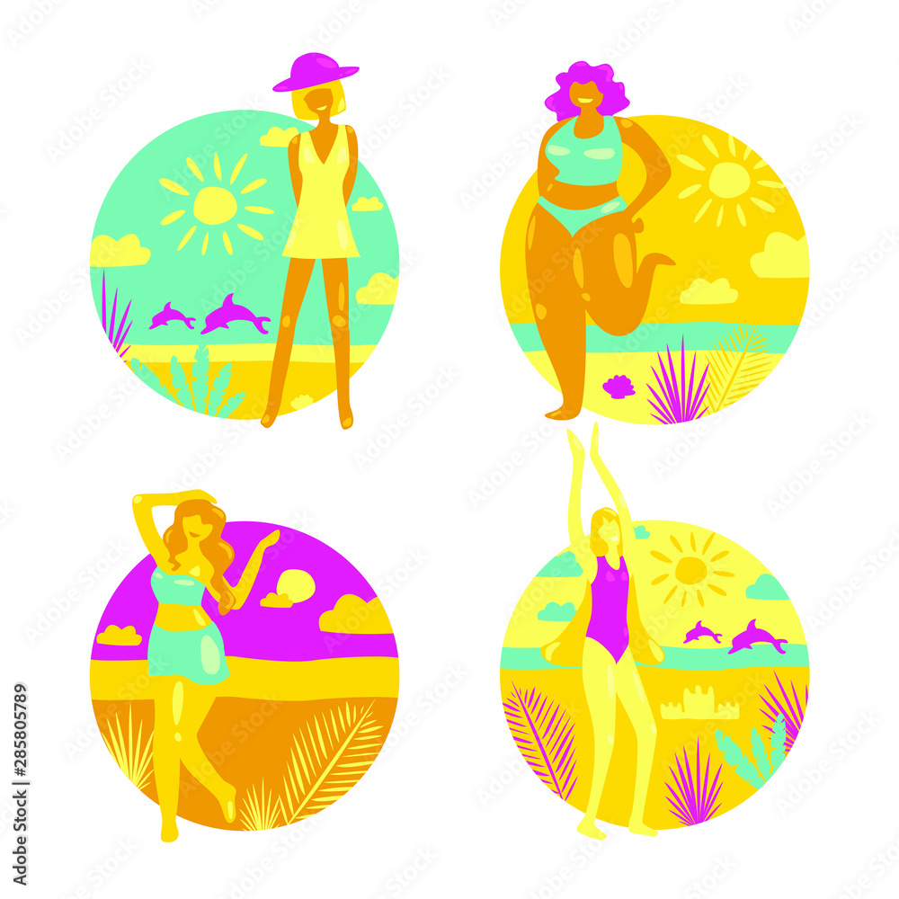 Cartoon woman on the beach in a swimsuit. Love your body. body positive ...