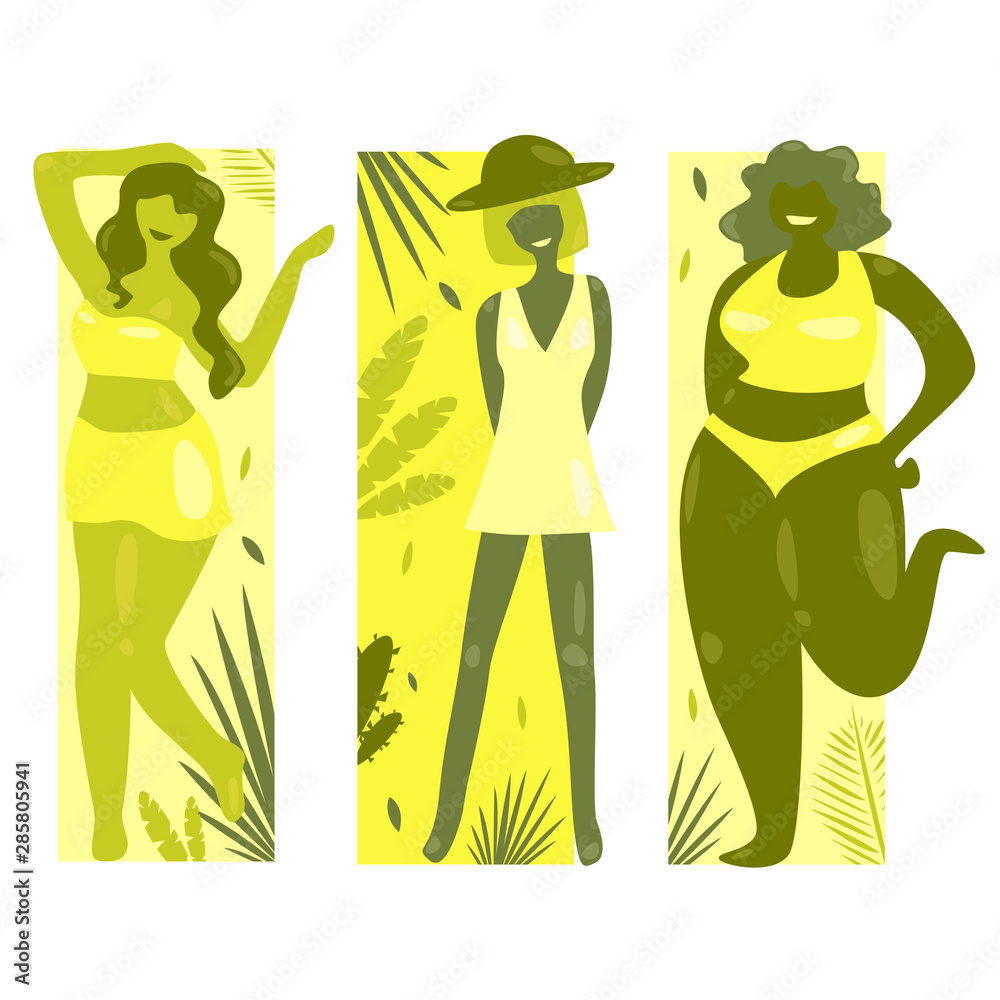 Cartoon woman on the beach in a swimsuit. Love your body. body positive ...