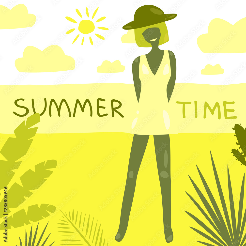 Cartoon woman on the beach in a swimsuit. Love your body. body positive ...