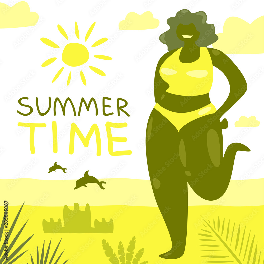 Cartoon woman on the beach in a swimsuit. Love your body. body positive ...
