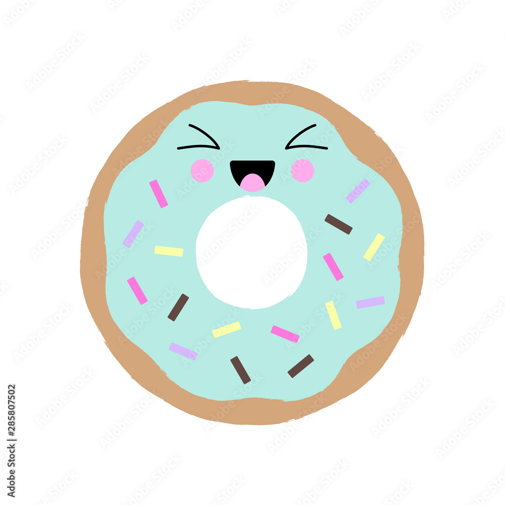 Vector illustration of a kawaii donut with a cute happy face and ...