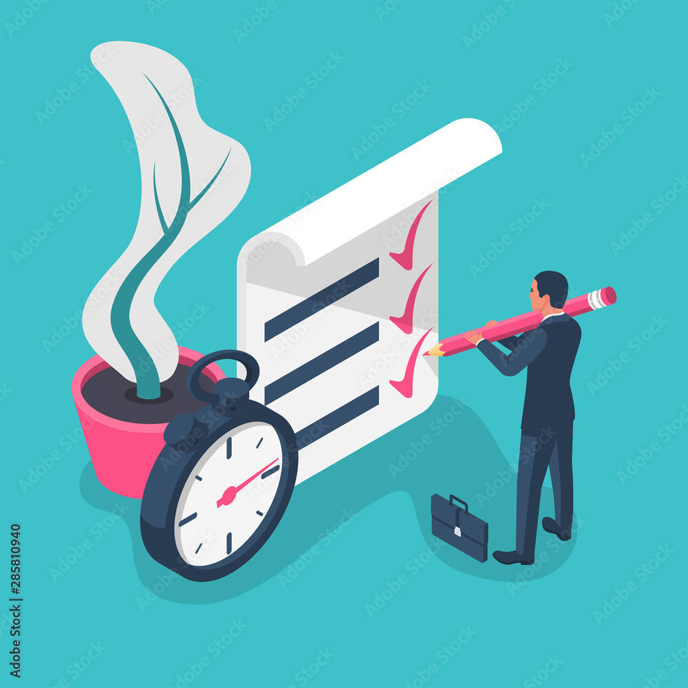 Fast service isometric icon. Businessman with big pencil puts the mark ...