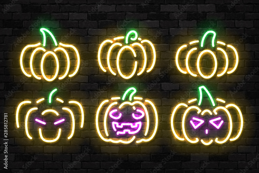 Vector set of realistic isolated neon sign of Pumpkin logo for template ...