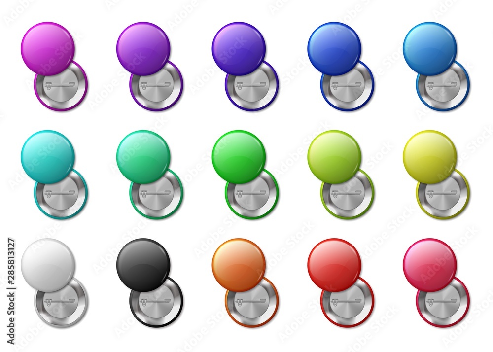 Round pinned badges tag. Circle magnet 3D badge, simple glossy plastic ...