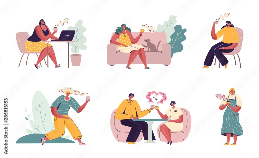 People drink coffee. Cartoon characters sitting in cafe, couples ...