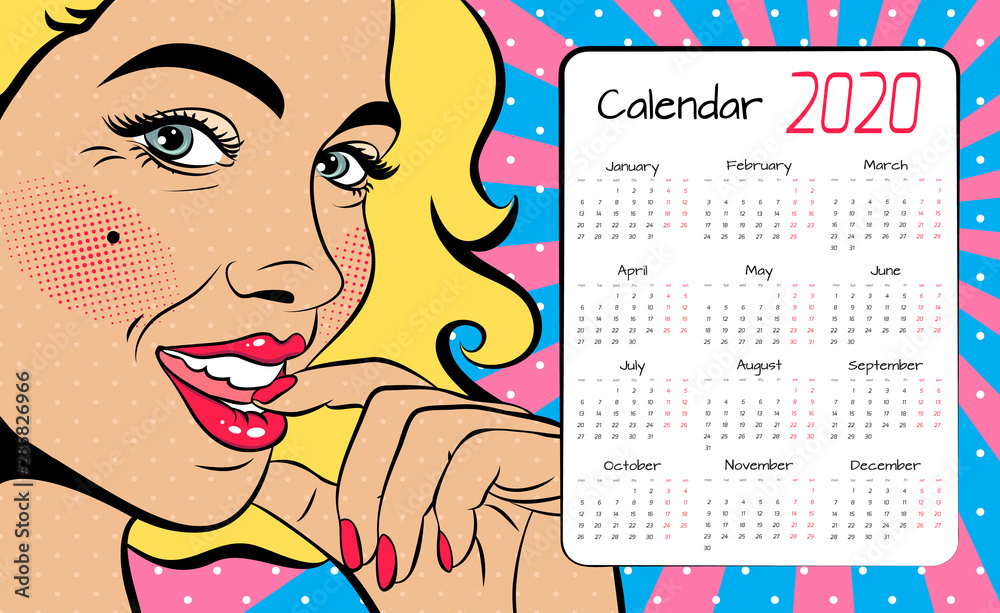 A Calendar For 2020 In The Style Of Pop Art With A Sexy Woman With