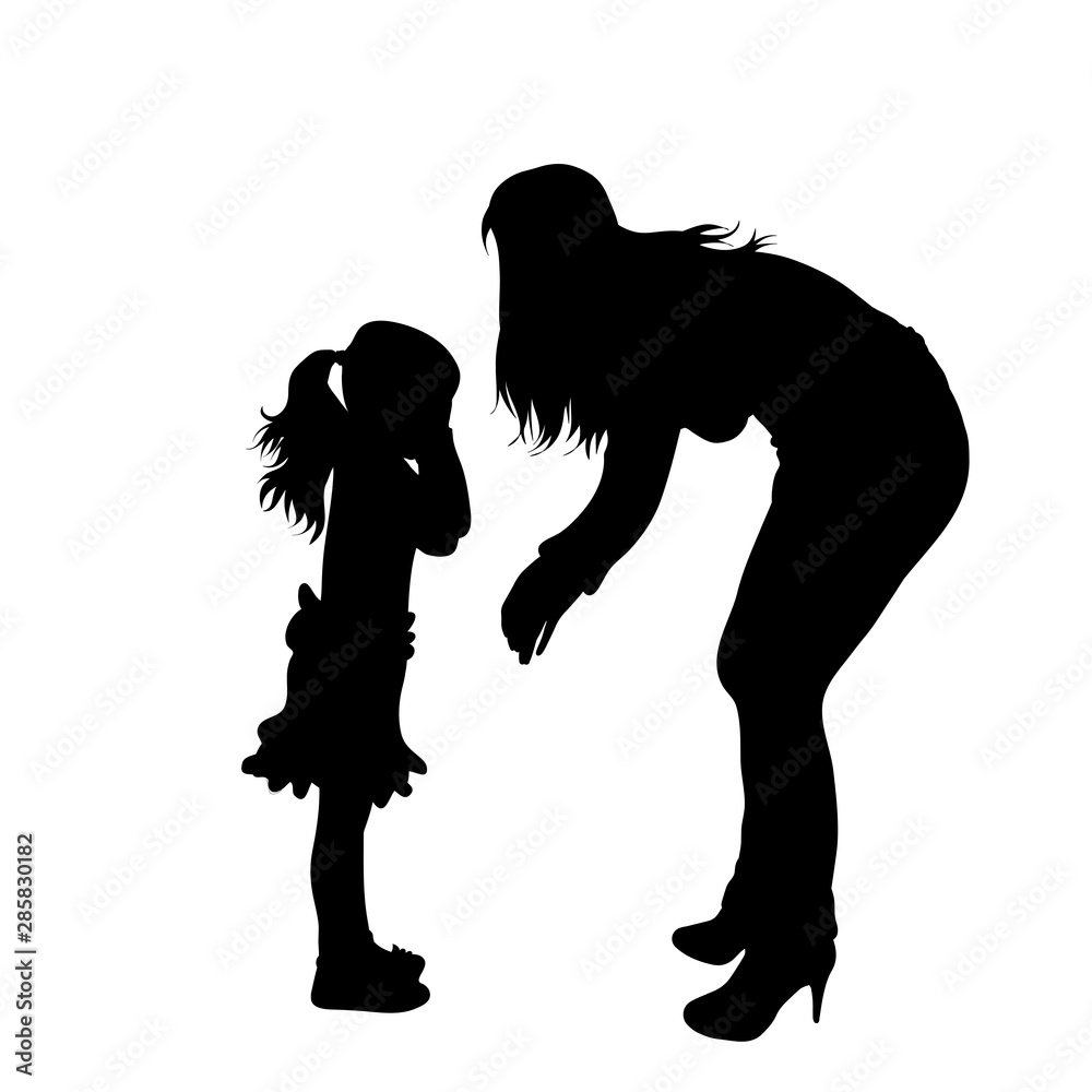 Vector silhouette of mother with her daughter who cry on white ...