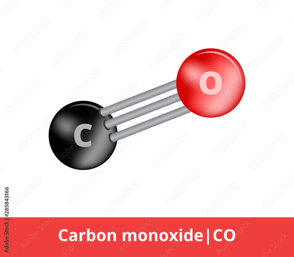 Vector ball-and-stick model of chemical substance. Icon of carbon monoxide molecule CO ...