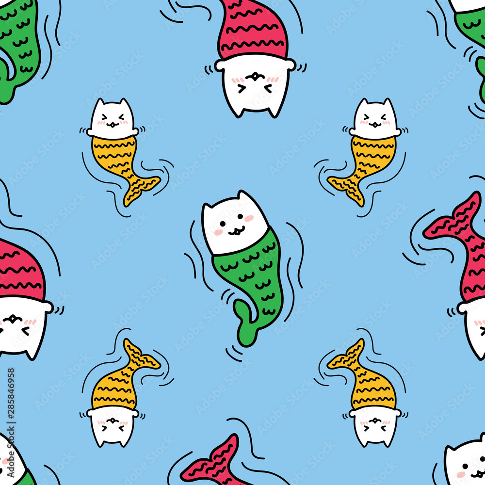 Kawaii mermaid cats swimming, super cute happy colorful seamless ...