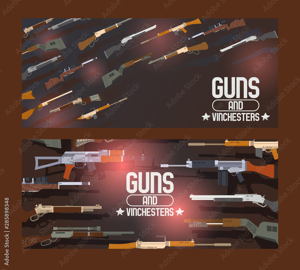 Guns and winchesters set of banners vector illustration. Automatic ...