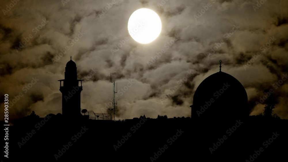 Al-Aqsa Mosque, Time Lapse by Night with Dark Sky and Full Moon, Old ...