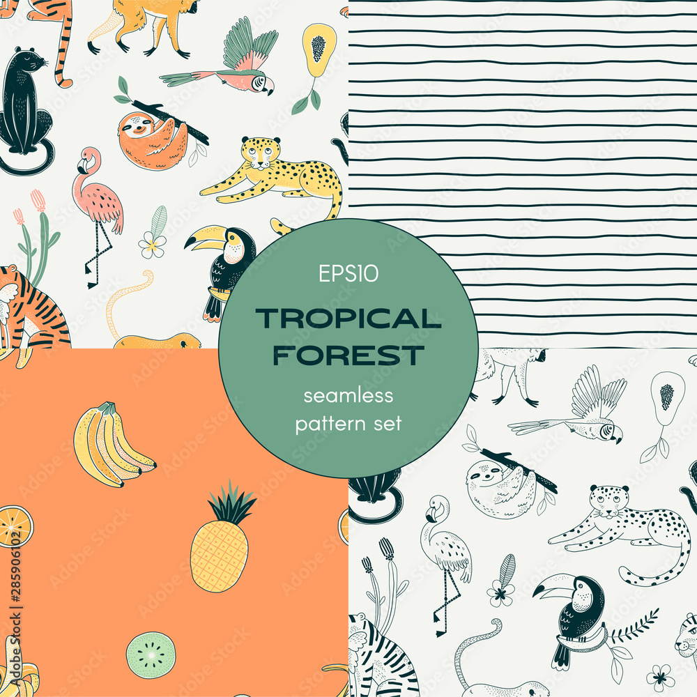 Tropical forest seamless pattern set. Flora and fauna. Exotic fruits ...