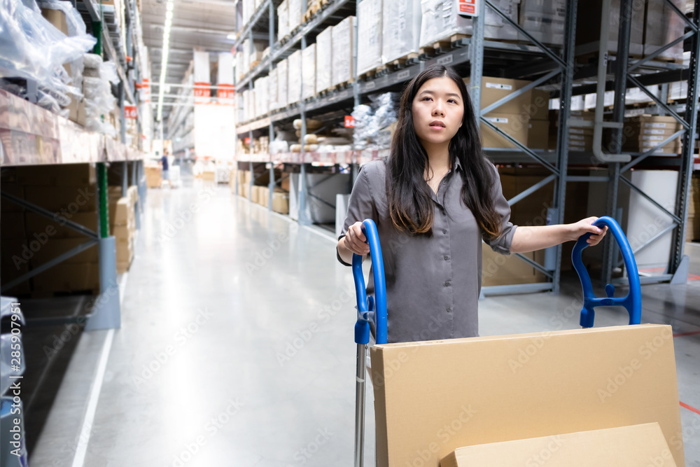 Beautiful young Asian woman customer or staff worker pushing trolley or ...