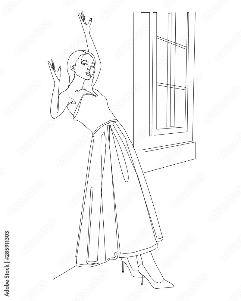 Pretty Girl Continuous Line Drawing Minimalist Design On White
