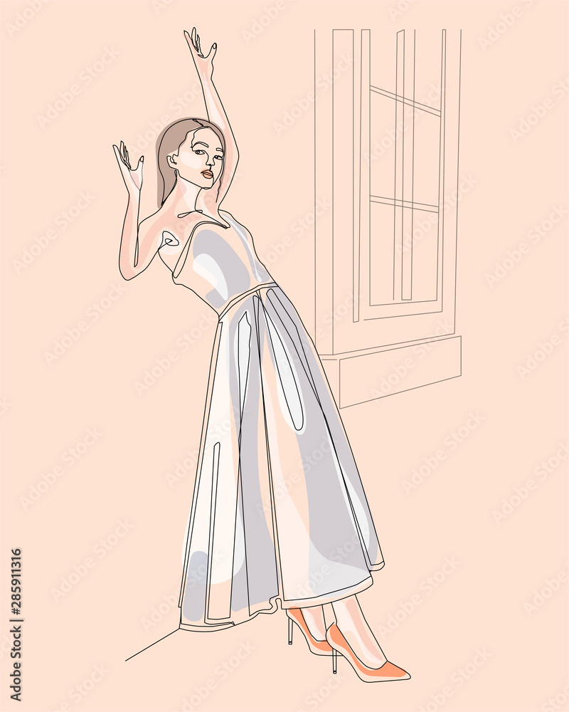 Pretty girl continuous line drawing minimalist design on white ...
