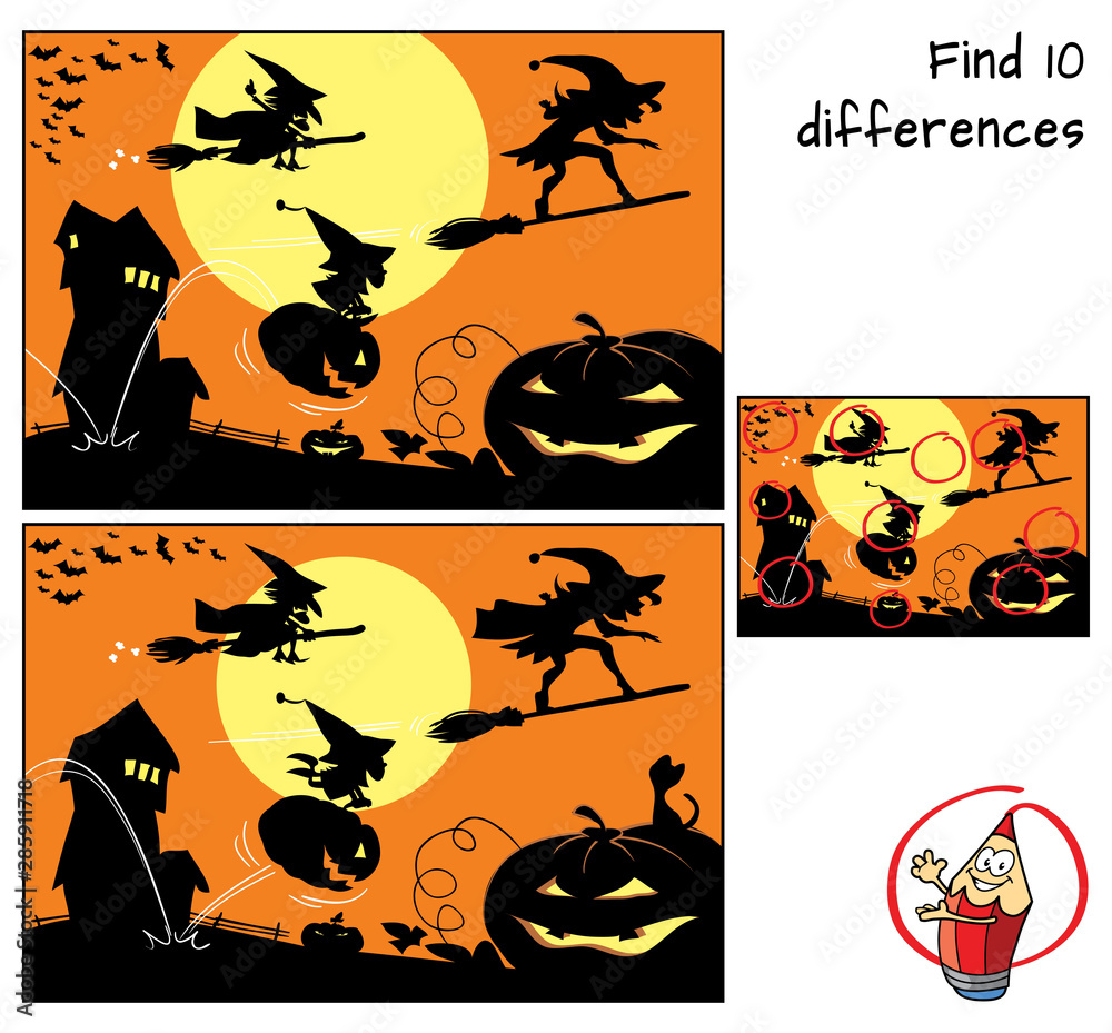 Three witches on Halloween night. Find 10 differences. Educational ...