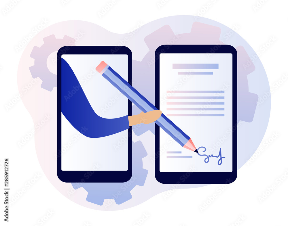 Electronic contract or digital signature concept. Modern flat cartoon ...