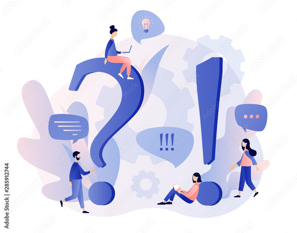FAQ concept set. People around exclamations and question marks ...