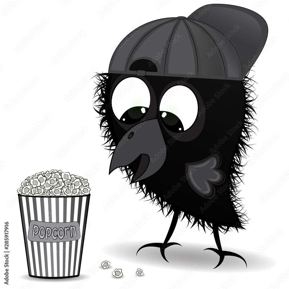 Cute little crow and popcorn. cartoon vector illustration. little raven ...