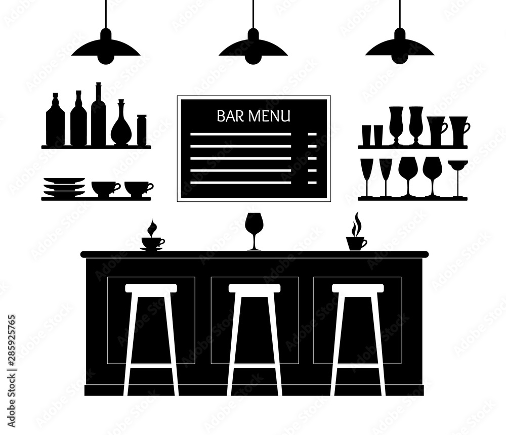 Vecteur Stock Silhouette of a cafe with furniture, a bar and menu ...