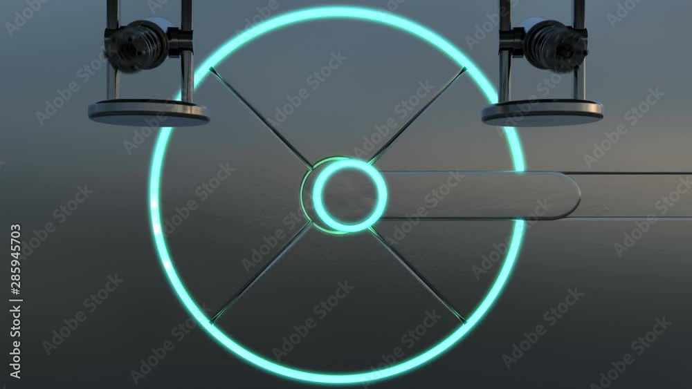 3d animation of closing metallic gateway. Appearing of auto turret ...