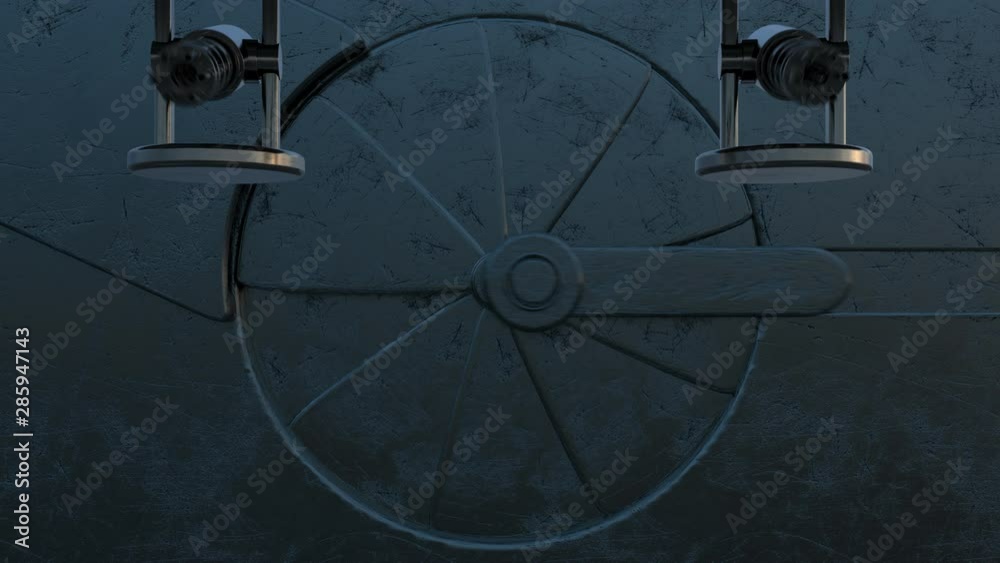 3d animation of closing metallic gateway. Appearing of auto turret ...