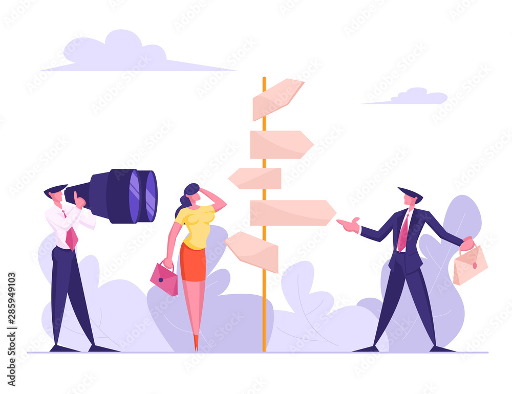 Choice Way Concept with Confused Business People Stand at Road Pointer with Hard and Easy ...