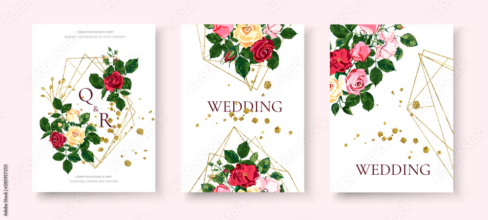 Wedding floral golden triangular frame invitation card with flowers ...