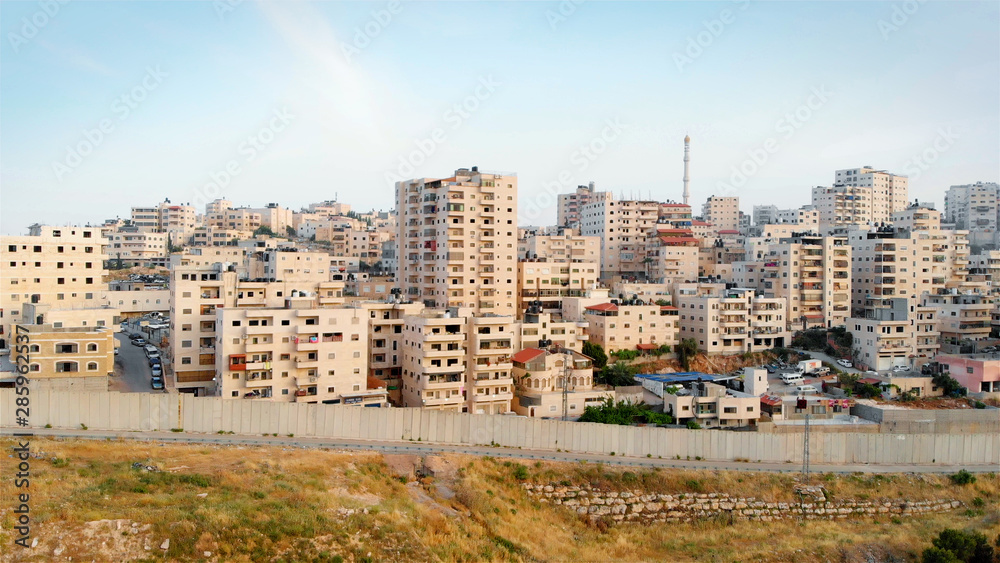 Palestinian Town Behind concrete Wall Aerial view Flying over ...