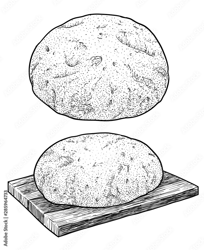 Dough on wooden board illustration, drawing, engraving, ink, line art ...