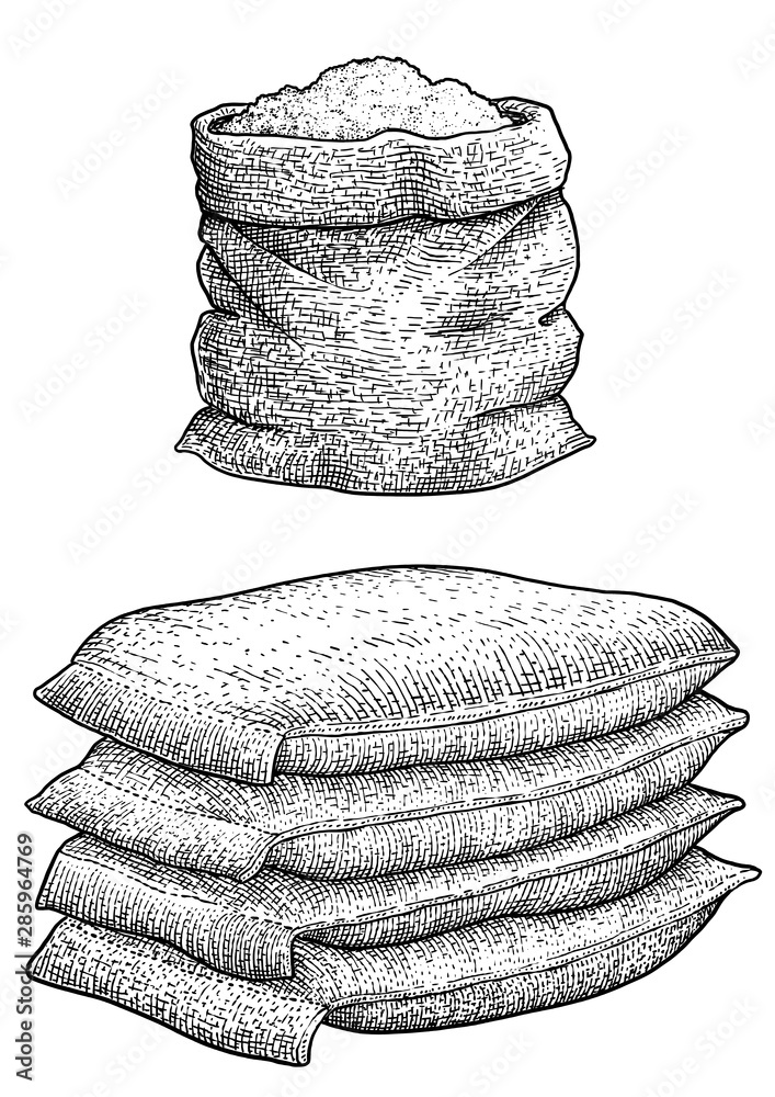 Poster Flour sacks illustration, drawing, engraving, ink, line art ...
