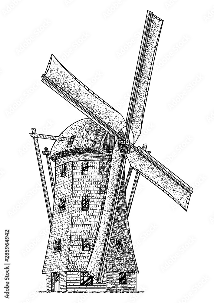 Windmill illustration, drawing, engraving, ink, line art, vector Stock ...