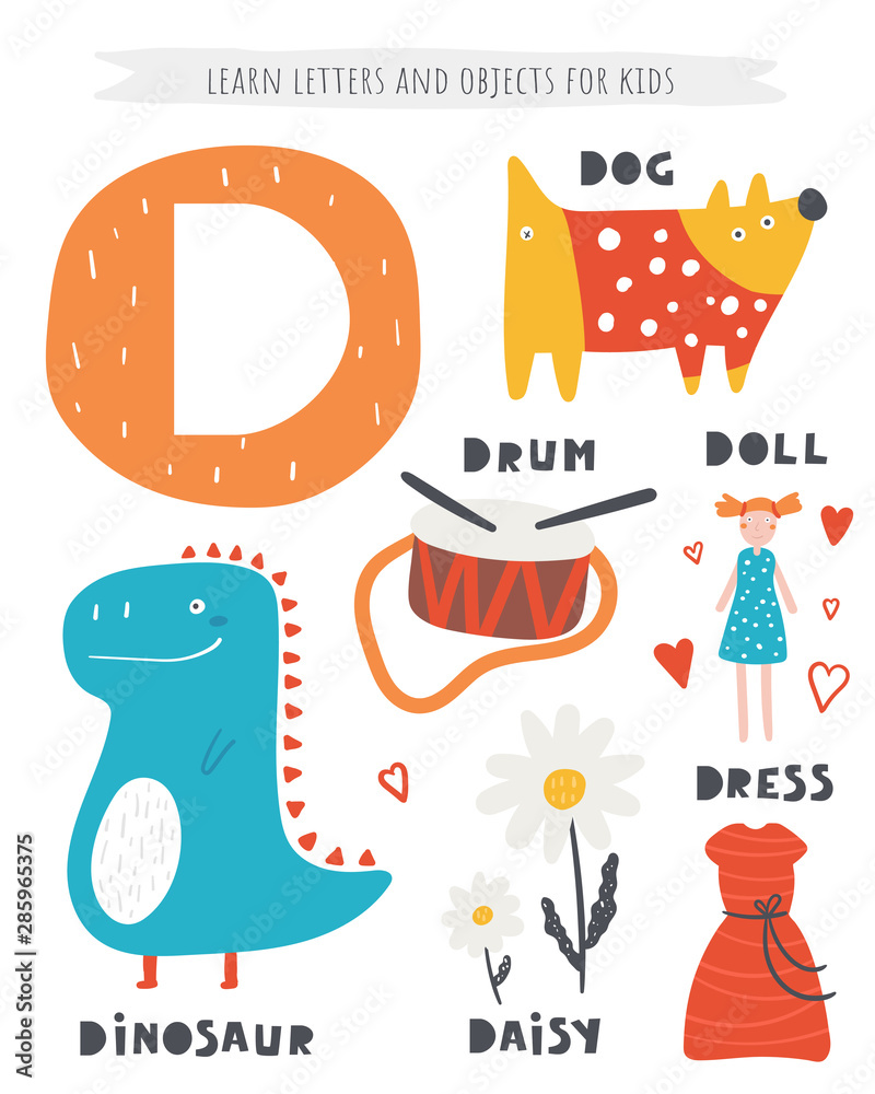 D letter objects and animals including dinosaur, drum, dog, doll, dress ...