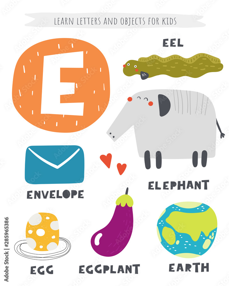 Vecteur Stock E letter objects and animals including elephant, eel, egg ...