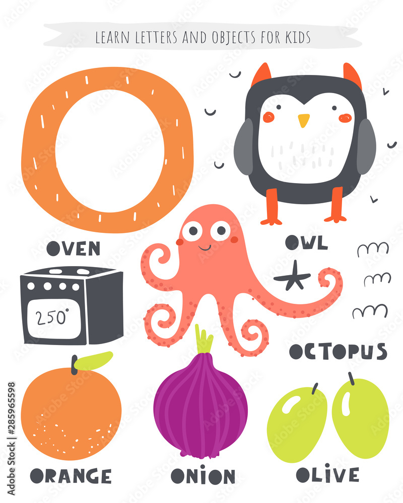 O letter objects and animals including octopus, oven, owl, onion, olive ...