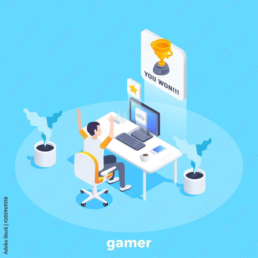 isometric vector image on a blue background, a young man plays at a ...