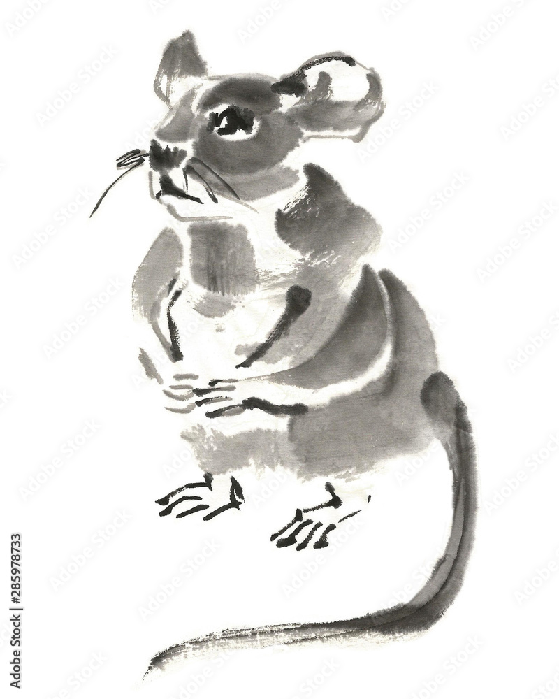 Chinese ink painting. Illustration of mouse on white background for ...