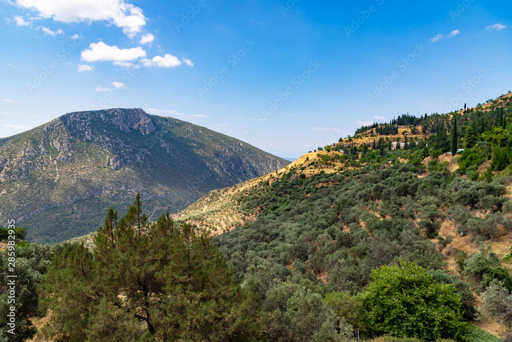 Scenic view to mountain landscape with olive trees in Greece, valley of ...
