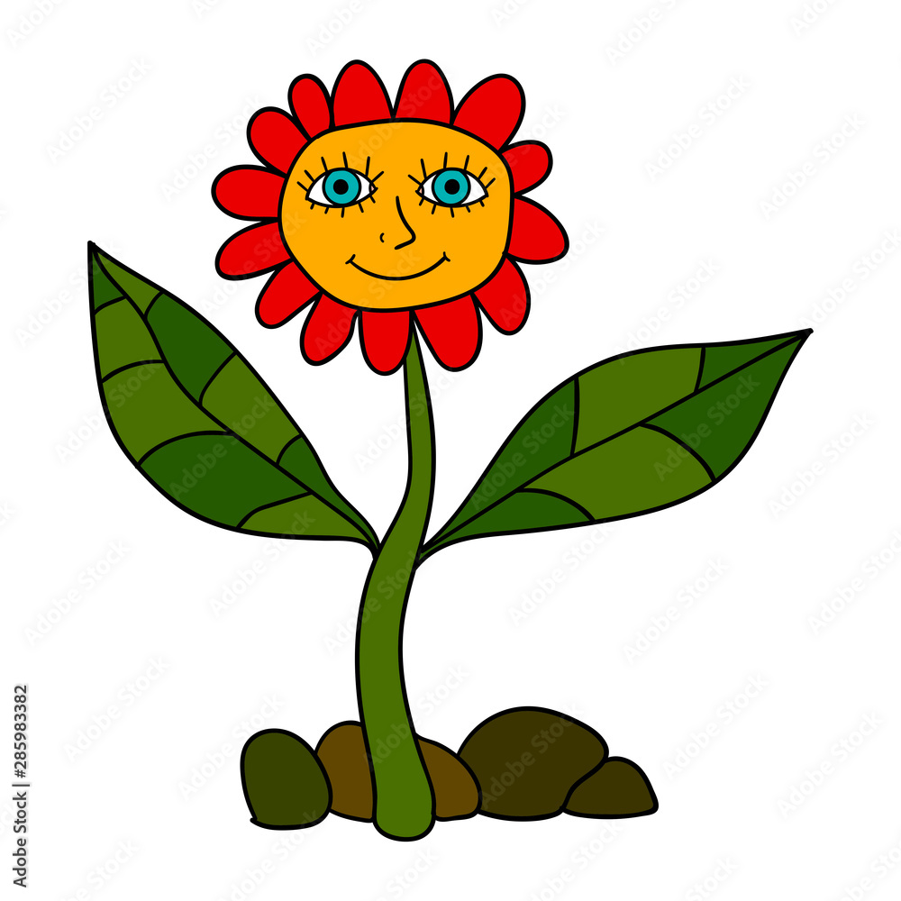 Colorful fantasy happy cartoon flower character isolated on white ...