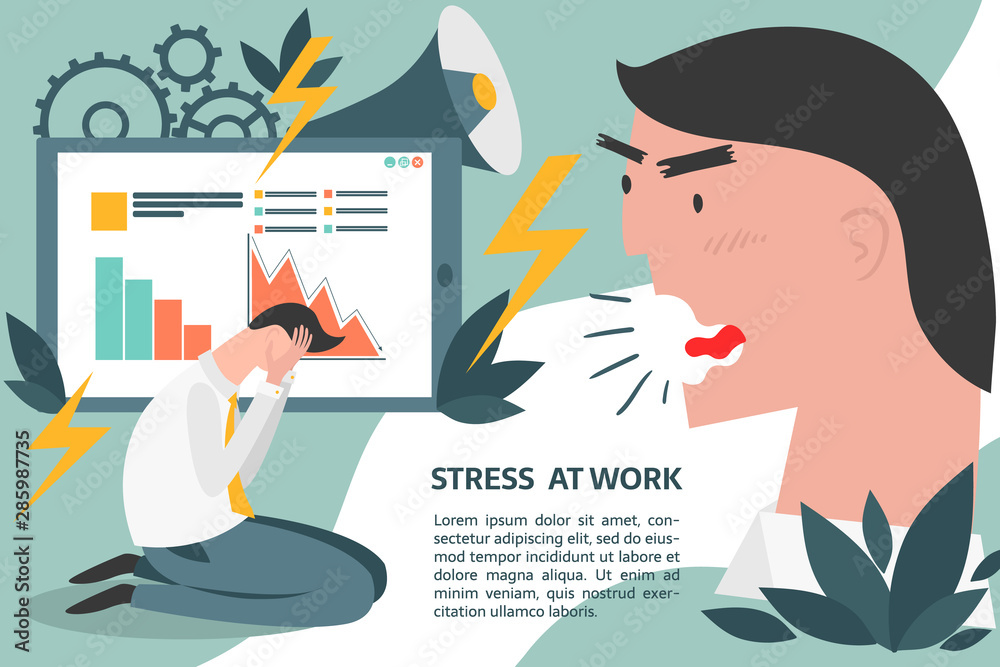 Boss pressure employee; tired, exhausted worker dealing with overly ...