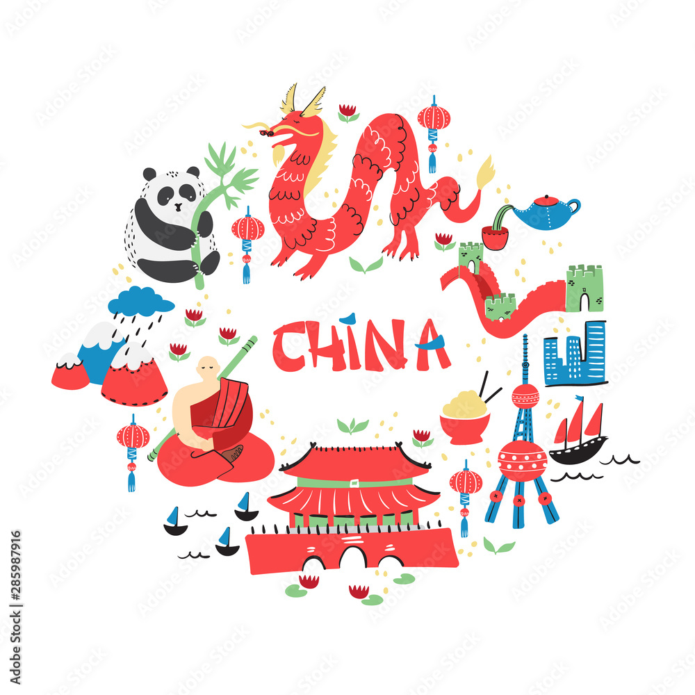 Hand drawn set of China signs with main sightseeings, famous places or ...