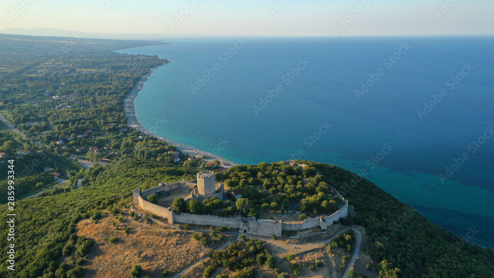 Aerial drone view of iconic and historic medieval castle of Platamonas ...