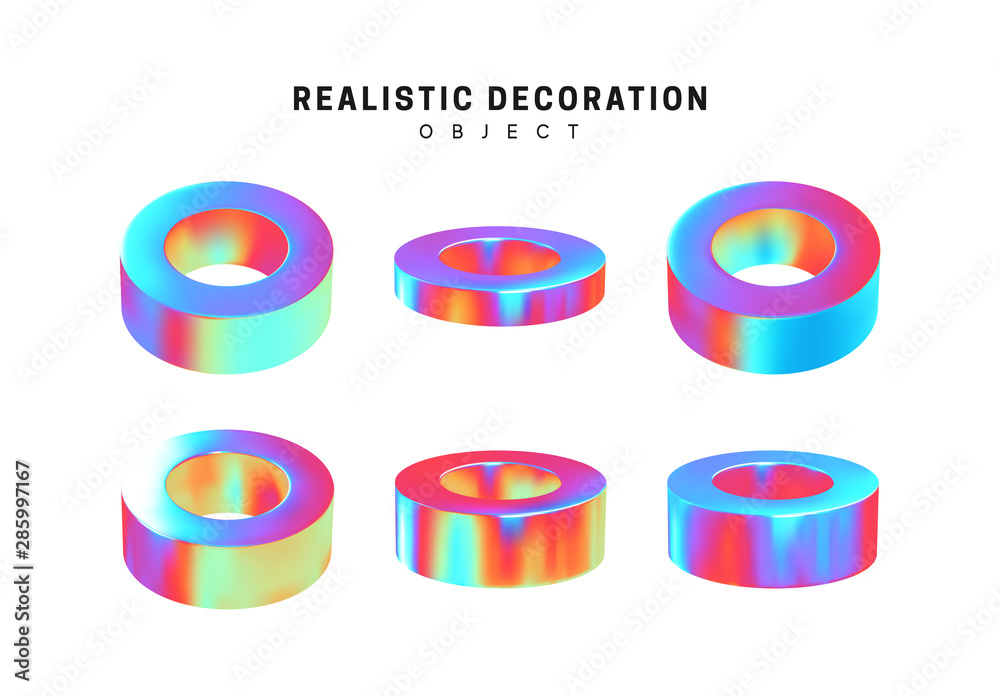 Set round ring, with hole Realistic geometric shapes with holographic ...
