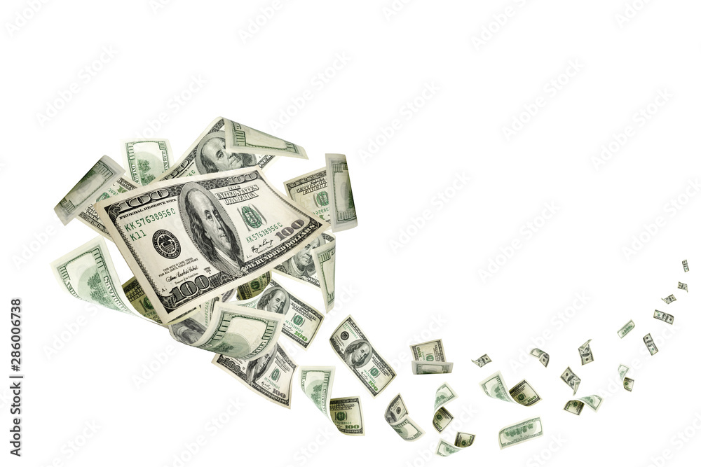 Hundred dollar bill. Falling money isolated background. American Stock ...