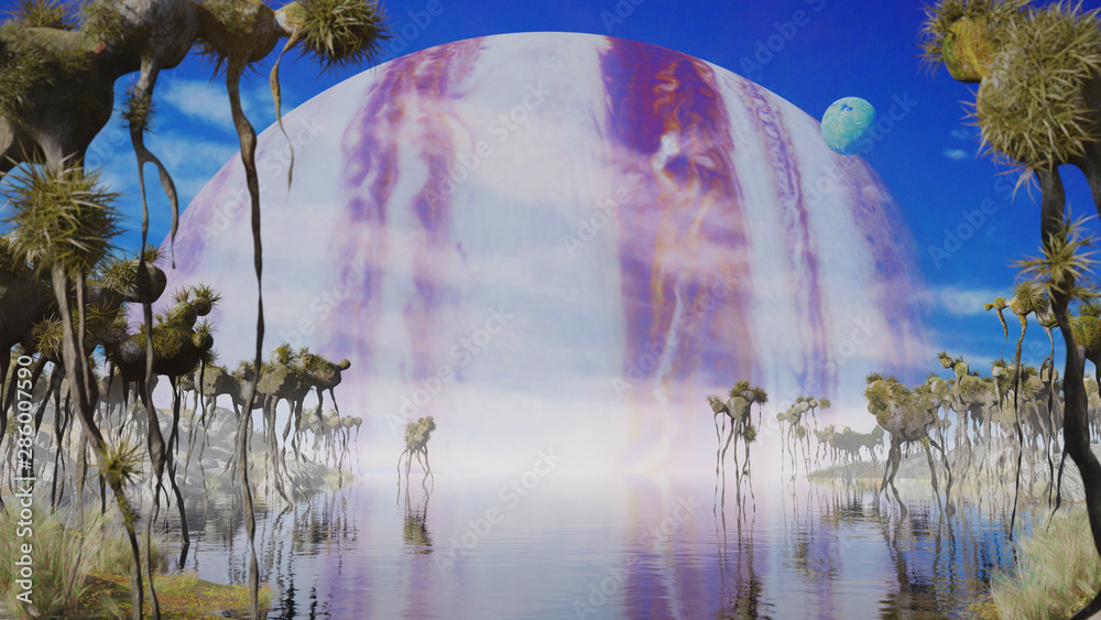 beautiful alien planet landscape, exoplanet with strange plants and ...